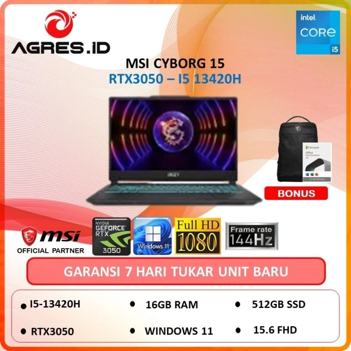 MSI Cyborg 15 A13UC RTX3050 I5-13420H 16GB 512GB w11 15" 144hz - Non Bundle, WINDOWS 11 HOME ...